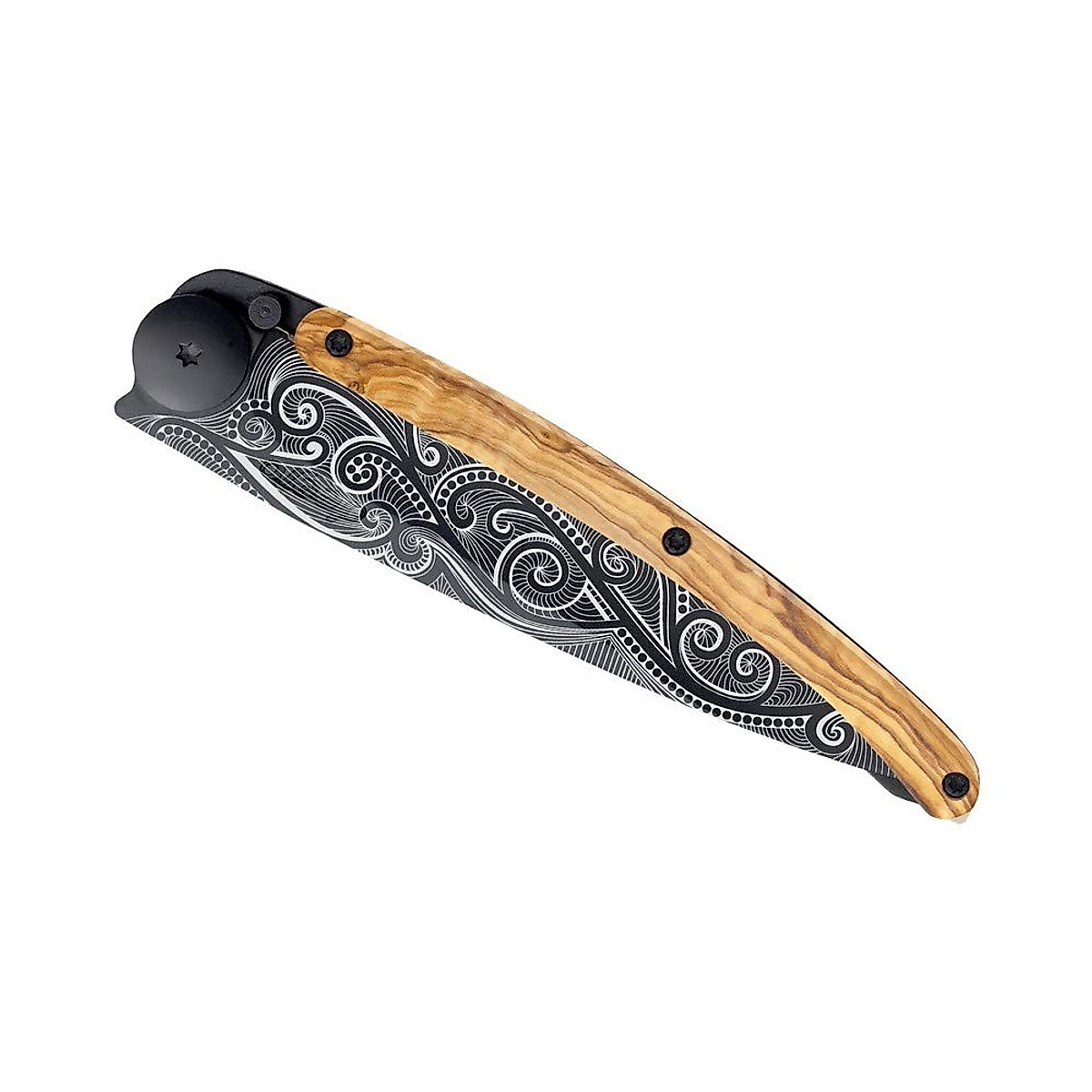 deejo - Serrated 1.3 OZ, Olive Wood, Black Titanium, Pacific - Ultra-Light Pocket Folding Knife with a Belt Clip - Stainless Steel Z40C13