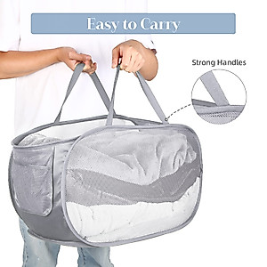 Durable Collapsible Laundry Baskets, Mesh Pop Up Laundry Hamper with Side Pocket, Foldable Clothes Storage Hamper with Reinforced Carry Handles for Laundry, Bathroom, Kids Room, Dorm or Travel Grey