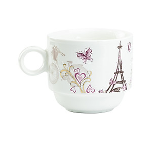 Grace Teaware Stackable Coffee Tea Mug 10-Ounce Set of 4 with White Metal Stand (Paris Eiffel Tower Pink Gold)