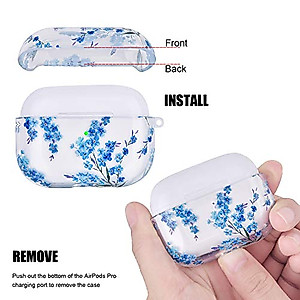 QINGQING Airpods Pro Case, 3 in 1 Cute Airpod Pro Clear Protective Hard Case Cover Shockproof Women Girls Men with Keychain for Airpods Pro Charging Case (Clear-Blue Floral)