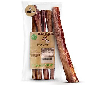 chew-e&tasty 12" Giant Odor Free Bully Sticks (Pack of 5) - Long Lasting Beef Chews for Power Chewers Made of Digestible High Protein & Low Fat Dental Treats Bully Sticks for Large to Very Large Dogs