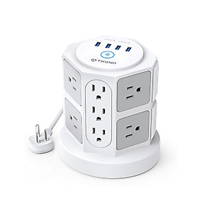 TROND Surge Protector Power Strip Tower, 14 Widely Spaced Outlets 4 USB Chargers, 6ft Extension Cord with Multiple Outlets, Flat Plug, 2100J, Overload Protection for Home Office Desk, Dorm Essentials