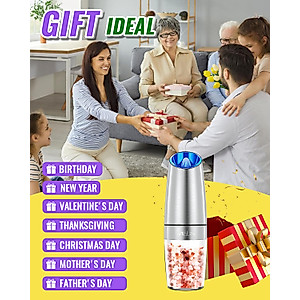 Rongyuxuan Gravity Electri Salt and Pepper Mill Set,Pepper Grinder with Ceramic Rotor,Acrylic Container,Stainless Steel Middle,Blue LED Light,Battery Powered,Adjustable Coarseness,One Hand Use,Sliver