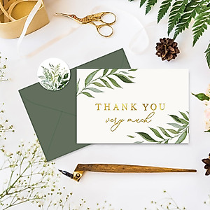 Whaline 24 Sets Greenery Thank You Cards Gold Foil Thank You Greeting Cards Watercolor Green Leaf Blank Note Cards with Envelopes Stickers for Bridal Baby Shower Wedding Birthday Party, 4 x 6 Inch