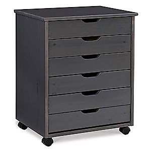 Linon Callie Multipurpose Six Drawer Dresser Wide Wood Rolling File Cabinet Storage Cart with Casters in Gray