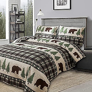 Quilt Set Queen Size Rustic Bedding Lodge Bed Quilts Queen Plaid Quilt Bed Spread Country Cabin Brown Bear Queen Quilt Bedding Lightweight Reversible Quilts Home Bedspread Coverlet with 2 Pillow Shams