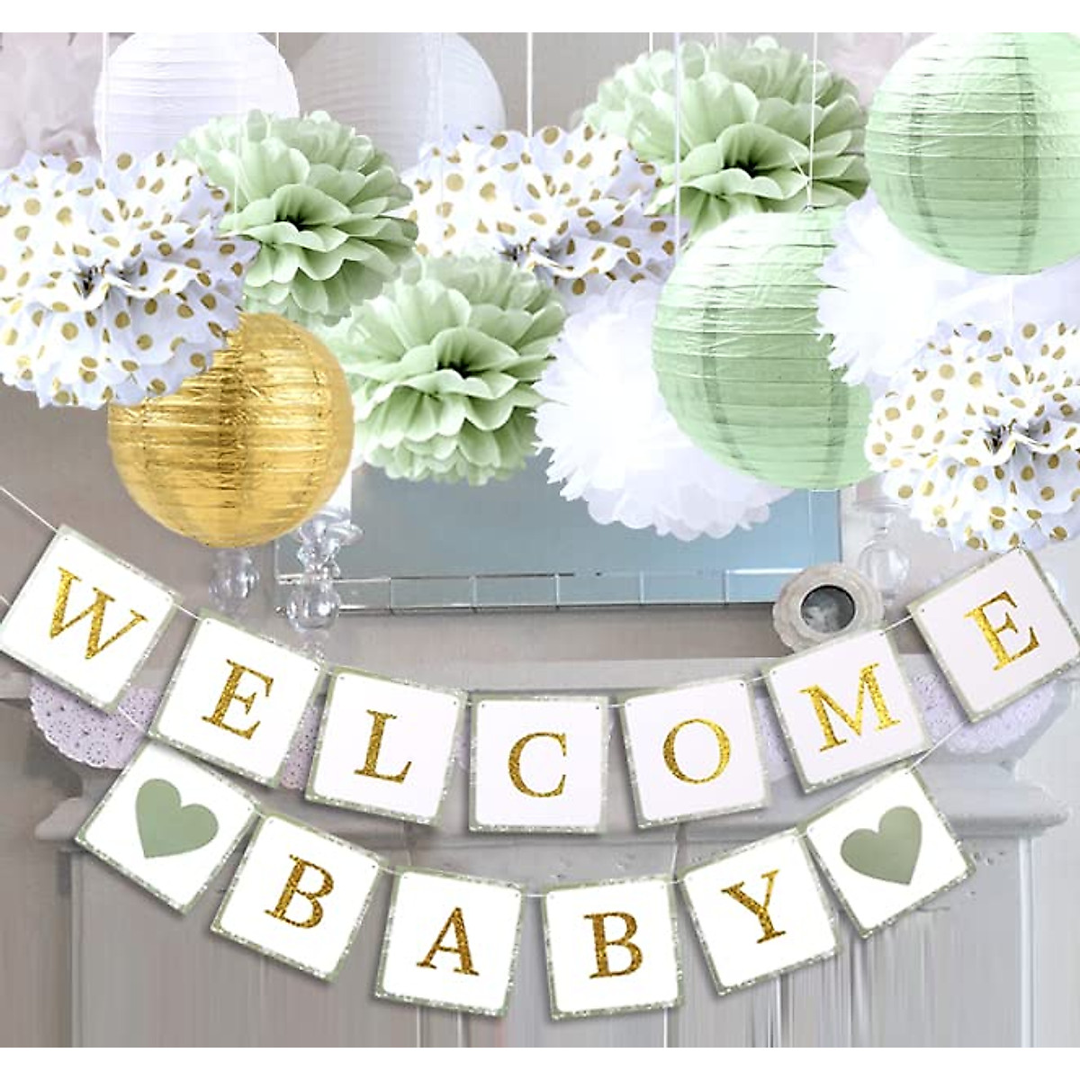 luckylibra Baby Shower Decorations,Welcome Baby Banners Paper Lantern Paper Flower Pom Poms（Sage Green Gold White）