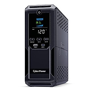 CyberPower CP1500AVRLCD3 Intelligent LCD UPS System, 1500VA/900W, 12 Outlets, 2 USB Ports, AVR, Mini Tower, Black