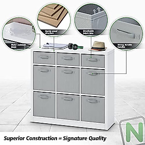 Wooden 9 Cube Storage Organizer Set. Includes Six Fabric Storage Cube Bins. Cube Shelves for Clothes, Storage and Toys. (White/Grey)