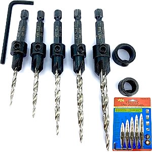 FTG USA Wood Countersink Drill Bit Set 5 Pc Countersink Drill Bit #4#6#8#10#12 Countersink Bit for Woodworking