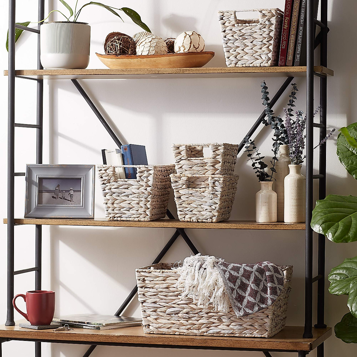 DII Hyacinth Collection Storage Baskets, White Wash, Large Set, Assorted Sizes, 5 Piece