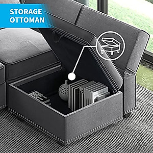 Horgaeo Sectional Sofa, 7-Seat Convertible L-Shaped Chaise Sofa Bed with Angle-Adjustable Backrest/Storage Ottoman Modern Couch Velvet Fabric Living Room(Dark Grey)