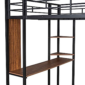 ATY Metal Full Size Loft Bed with 2 Shelves and 1 Desk, Sturdy Bedframe w/Two Ladders & Safety Rails for Kids Teens Adults, No Box Spring Needed, Black