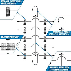 5 Tier Metal Skirt Hangers for Women, Pants Hanger Space Saving with Non Slip Adjustable Clips,Durable Heavy Duty Trouser Hangers for Jeans, Slacks, Shorts - 2 Pack
