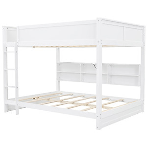 XD Designs Wood Bunk Bed Queen Over Queen Size with Built-in Storage Cabinets and USB Ports, Versatile Bunk Bed Frame with Ladder and Guardrail for Kids Teens Adult, Maximize Space (White-9.30)