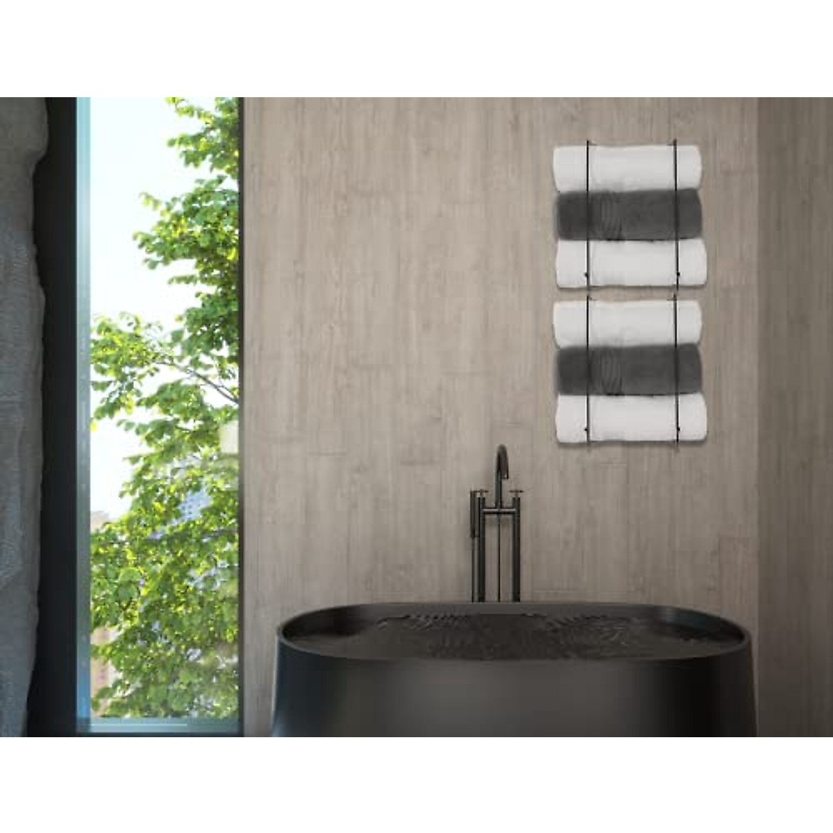 2 Set Towel Rack Holder, Wall Mounted Metal Towel Shelf with Hooks, Minimalist Design Storage Organizer for Towels, Washcloths, Hand Towels, Linens, Yoga Mat, Ideal for Bathroom, Spa, Salon Black