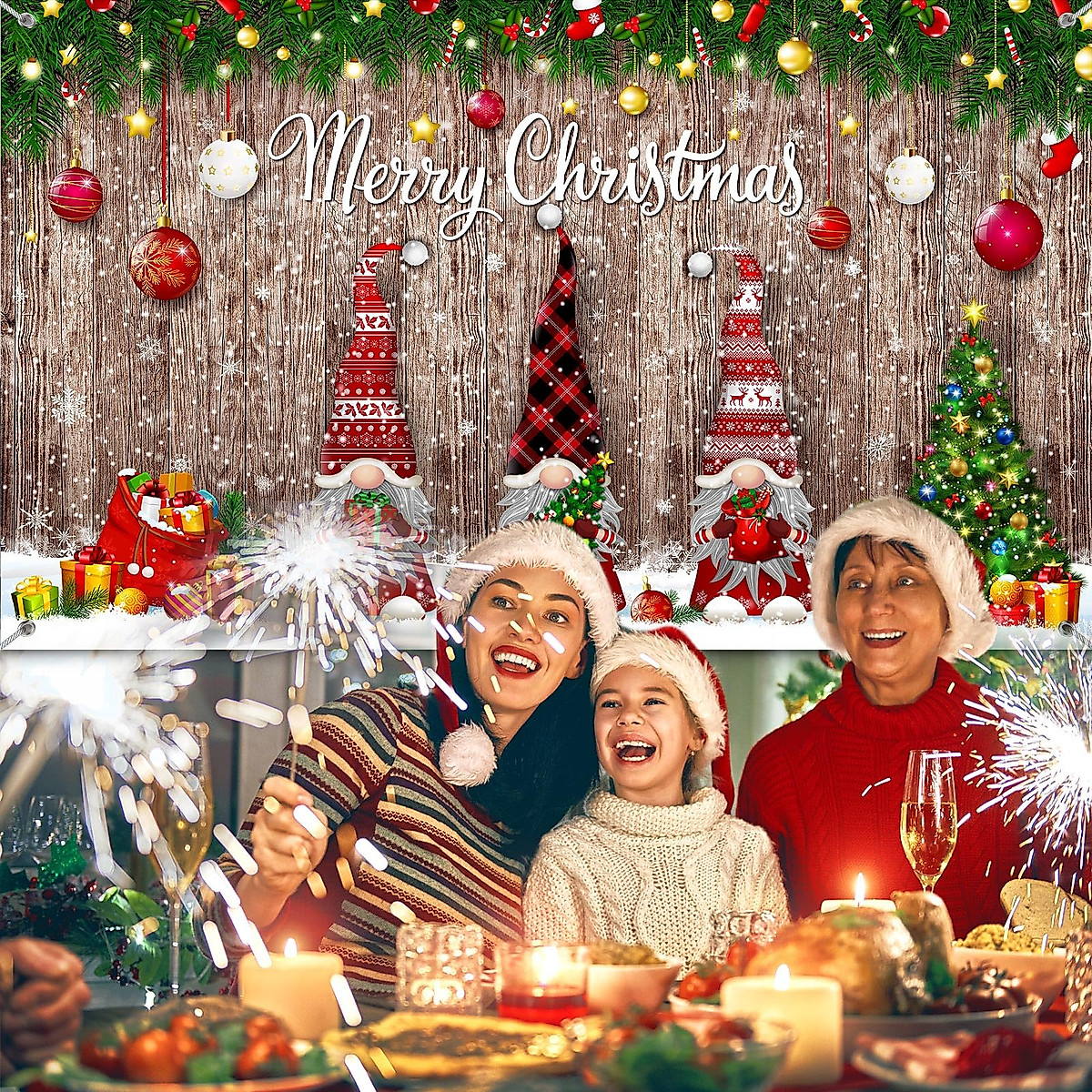 Christmas Backdrop Merry Christmas Party Decoration Christmas Photo Banner Signs Xmas Photography Background Photo Props for Winter New Year Xmas Eve Family Party Decoration Supplies (Gnome)