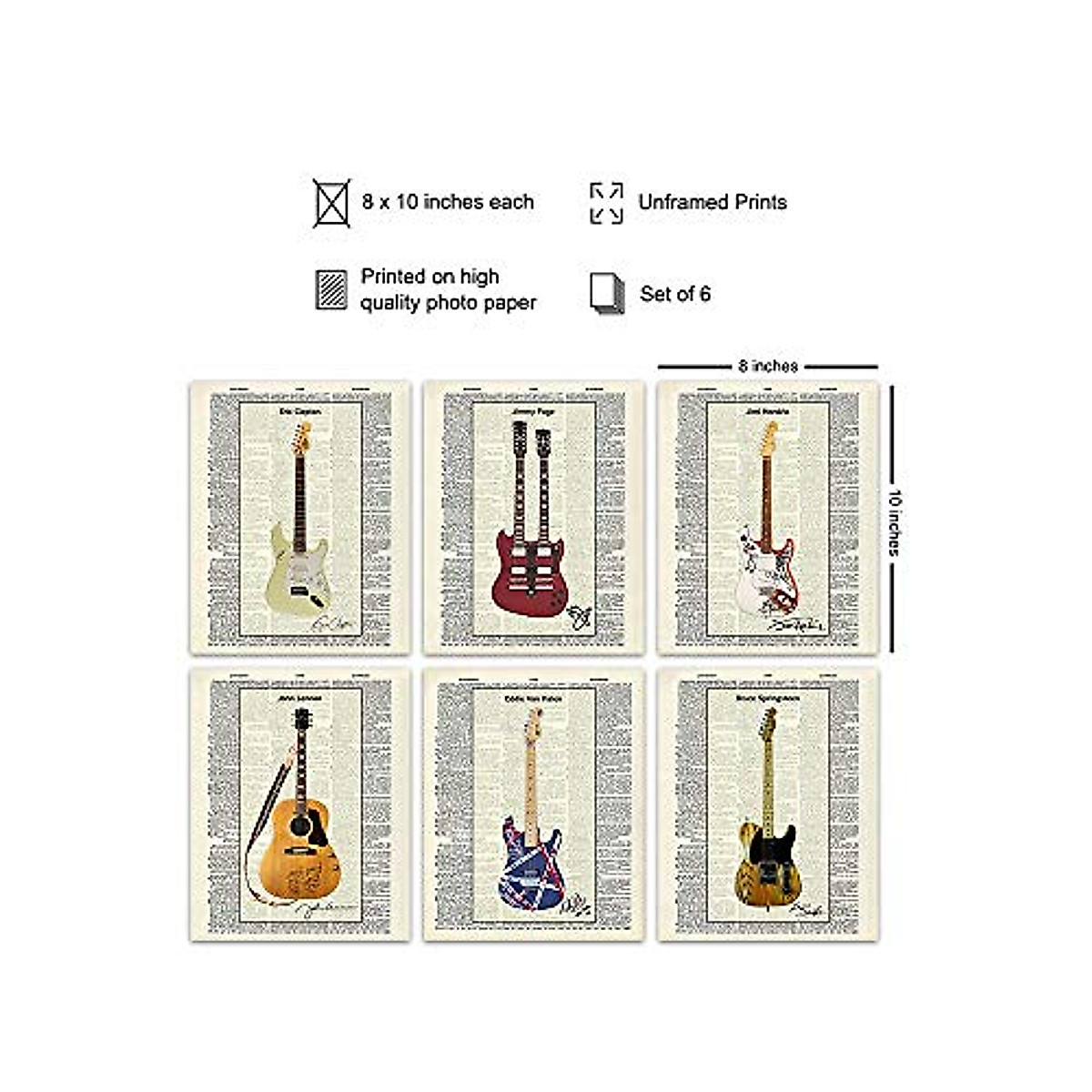 Guitar Wall Decor Poster Set - Musician Gifts for Jimi Hendrix, Eddie Van Halen, John Lennon, Jimmy Page, Eric Clapton, Music Fans - Home Decor, Wall Art, Print Set - 8x10