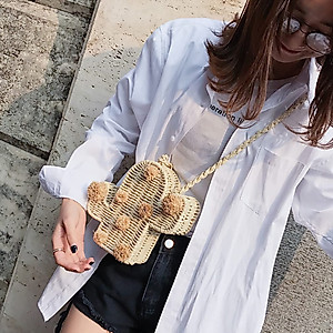 NIBD Beach Bag Cactus Straw Bag Summer Bags with Pom Pom Women Messenger Handbag Braided New Rattan Bag, Beige, 7.5"*7.5"*2.4"