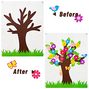 WATINC 49Pcs DIY Spring Tree Felt Board Craft Kit, Flower Leaf Butterfly Snail Bird Detachable Ornaments Spring Party Decoration for Kids, Activity Creative Game Wall Hanging Decor for Home Classroom