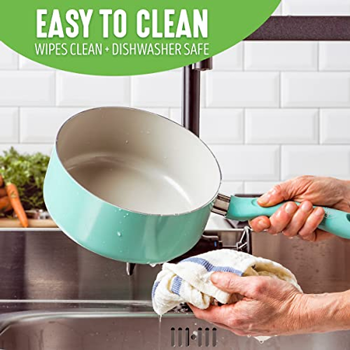 GreenLife Soft Grip Diamond Sandstone Healthy Ceramic Nonstick, 2QT Saucepan Pot with Lid, PFAS-Free, Dishwasher Safe, Turquoise and Cream