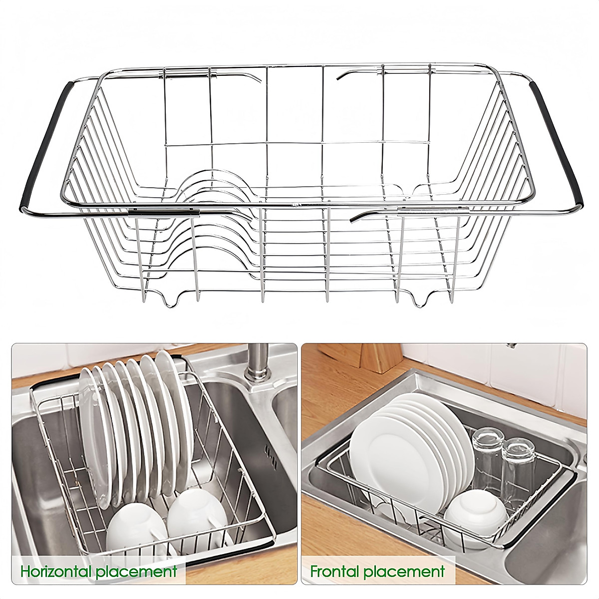 YHan Expandable Dish Drying Rack, Rustproof Stainless Over Sink Dish Drainer Rack Basket Shelf, 304 Stainless Steel Metal Dish Drainer in Sink or On Counter Organizer Dish Dryer Rack for Inside Sink