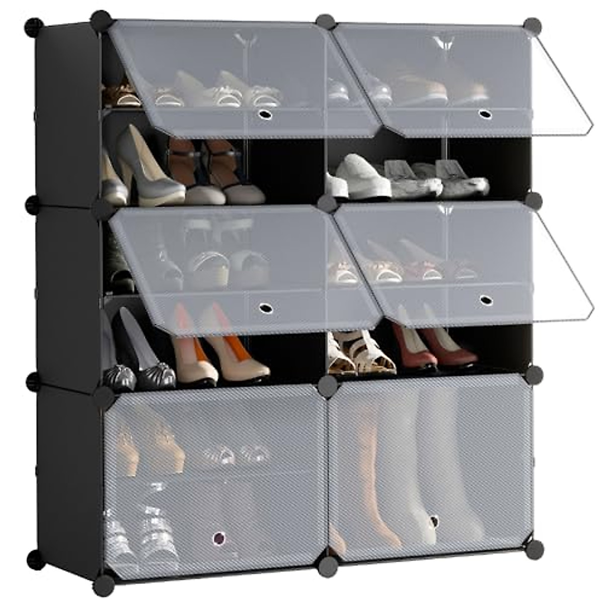 Cuzdeco Shoe Organizer Cabient, 6 Cube 12 Tiers Shoe Rack with Door, 24 Pairs Plastic Shoes Storage Cabinet Expandable Free Standing Shoe Rack, for Closet Entryway Hallway Bedroom, Black