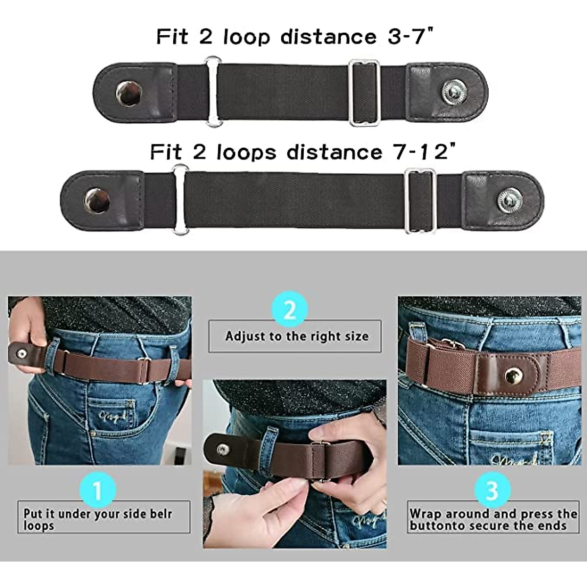 Anna & Eric No Buckle Elastic Belt for Women Men 2 Loop Unisex Buckle Free Stretch Belt-Easy to Use (Black+Khaki, Fit 2 loop distance 4.5-7")