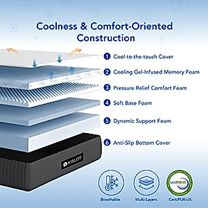 KISLOT KS 10 Inch King Memory Foam Mattress - Cooling Top Cover and Cooling Gel Infused Memory Foam for Cool Sleep & Pressure Relief – Fiberglass Free