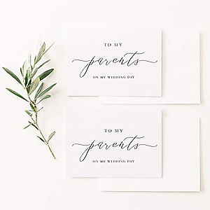 To My Parents on My Wedding Day Cards 4x5.5 Folded White Card with Black Caligraphy with Gold Foil Lined Envelopes 2 Card Set Elegant Minimalist Style Wedding Cards