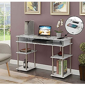 Convenience Concepts Designs2Go No Tools Student Desk with Charging Station and Shelves, White Marble