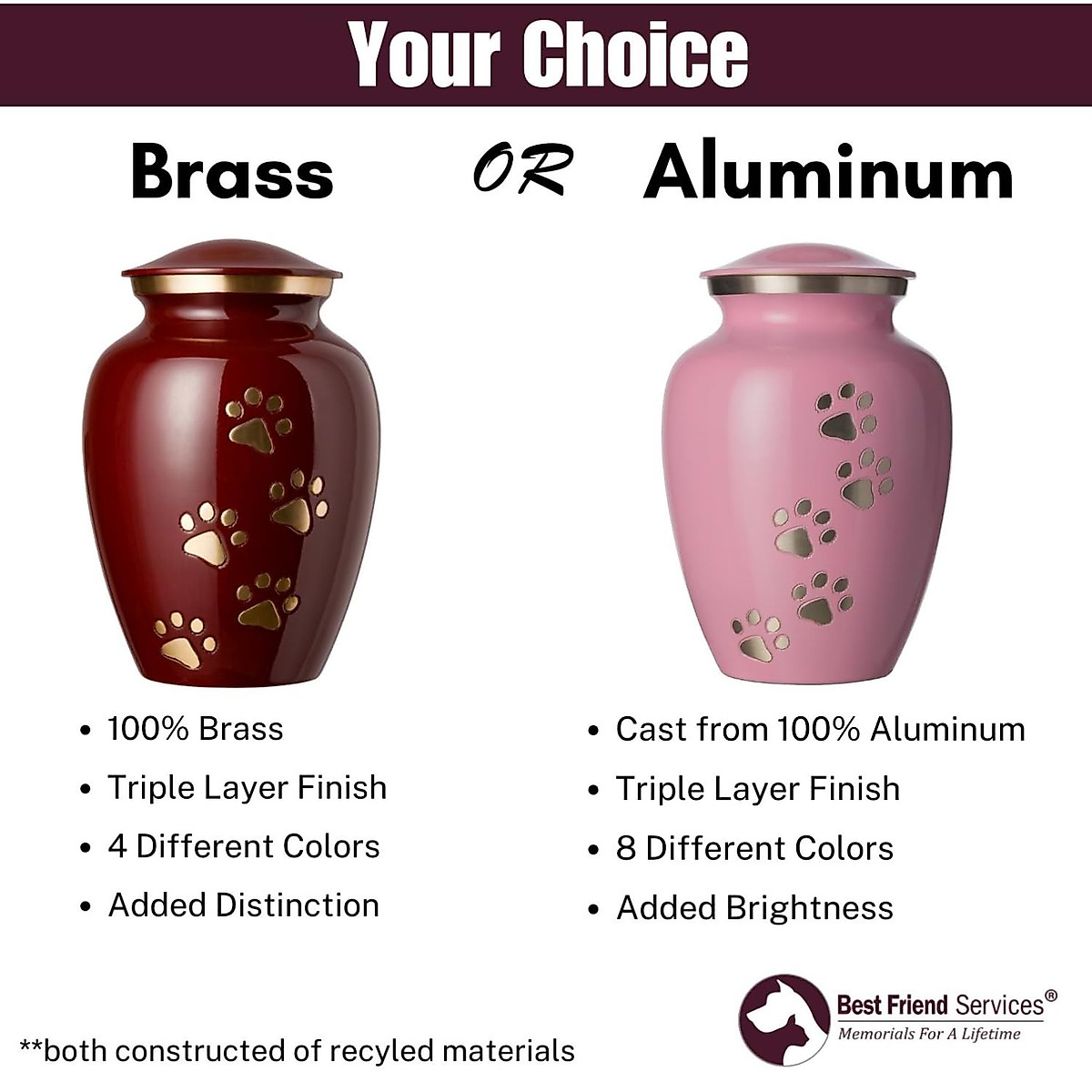 Best Friend Services Pet Urn for Dogs and Cats with Personalized Laser Engraving, Ottillie Paws Premier Series Memorial Urns (Medium Amethyst Purple with Horizontal Pewter Paws)