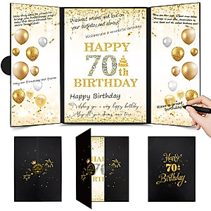 MDCGFOD 70th Birthday Decorations Happy 70th Birthday Guest Book for Men Women, Black Gold Birthday Alternative Signature Board for 70th Birthday Gifts Cheers to 70 Years Birthday Party Supplies