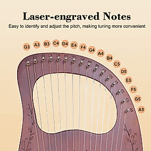 Lyre Harp, 16 Strings Mahogany Solid Wood Metal String Adult/Child Musical Instrument, With Tuning Wrench Pick, Black Gig Bag, and Music Tutorial for Beginner Instrument Lovers (coffee color)