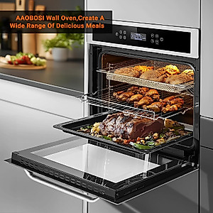 AAOBOSI Single Wall Oven, 24 Inch Electric Built-in Convection Oven 2.5 Cu.Ft 2800W 240V LED Digital Display Touch Control Timer Alarm Clock ChildLock for Kitchen,Drop Down Door in Stainless Steel