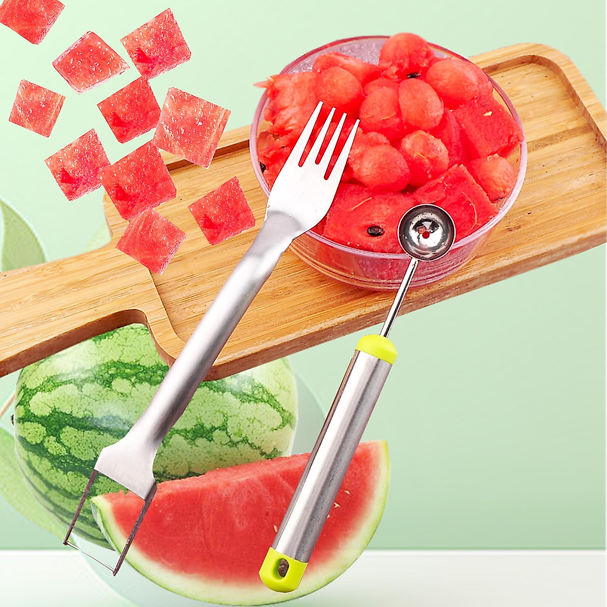 ZLMC 2-in-1 Watermelon Fork Slicer,Portable Stainless steel Watermelon Slicer with Melon Baller Scoop Extra,Dual Head Stainless Steel Fruit Forks Slicer Knife for Family Parties Camping(3PCS)