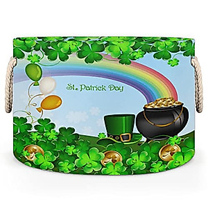 St Patrick's Day Rainbow Large Round Baskets for Storage Laundry Baskets with Handles Blanket Storage Basket for Bathroom Shelves Bins for Organizing Nursery Hamper Girl Boy