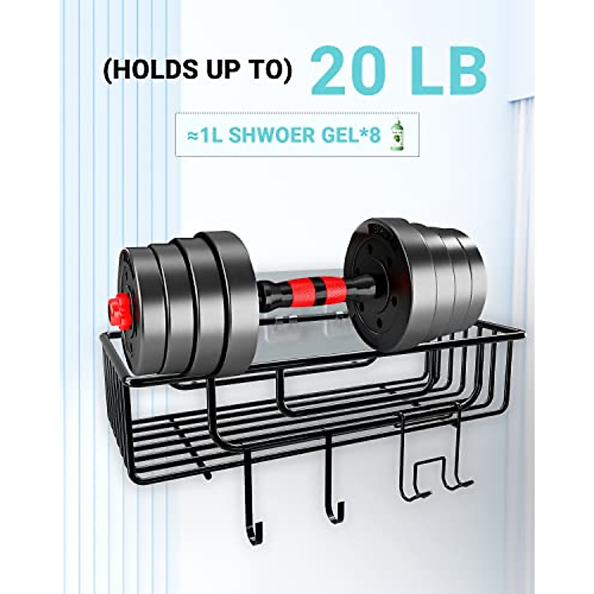 Shower Caddy Bathroom Shelves Organizer - Stainless Steel Shower Shelf Adhesive Kitchen Storage Rack with Soap Dish Razor and Towel Hooks (Black)