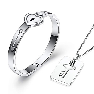 MYNENEY His Hers Love Heart Key Lock Bangle Bracelet Tag Pendat Necklace Set in a Gift Box (Silver 6.5In)