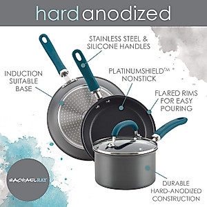 Rachael Ray Create Delicious Hard Anodized Nonstick Cookware Pots and Pans Set, 11 Piece, Gray with Teal Handles