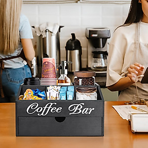 Coffee Bar Organizer Countertop, Wooden Coffee Bar Accessories Organizer With Drawer, Coffee Station Organizer Coffee Pods Holder Storage Basket, Farmhouse Coffee and Tea Condiment Organizer Station