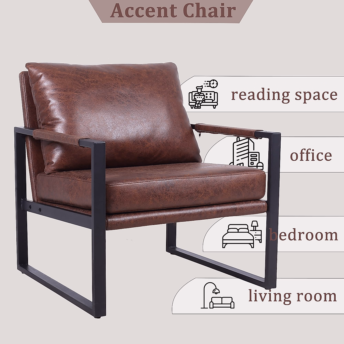 Nusetx Mid-Century Modern Accent Chair, Faux Leather Upholstered Living Room Chairs with Waist Cushion, Reading Armchair for Bedroom Sunroom, Brown