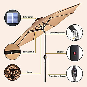 JMEXSUSS 9ft Patio Umbrella with Solar Lights, 32 LED Lighted Umbrella Outdoor Patio Table Umbrella, 8 Ribs Market Umbrella w/Tilt Adjustment and UV-Resistant Fabric, Khaki