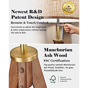 ELYONA Tripod Floor Lamp with Remote for Bedroom, Solid Ash Wood, Stepless Dimmer & Color Temperature LED Bulb Included, Mid Century Modern Touch Control Standing Light for Living Room, Brown