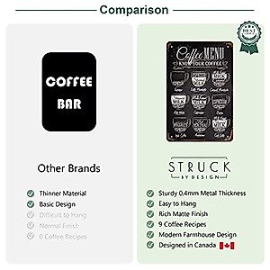 Struck By Design Coffee Menu Sign - 12x8in Coffee Sign w/ 6pcs Double Sided Tape - Easy to Hang Coffee Bar Accessories - Trendy Farmhouse Coffee Bar Sign - Coffee Decor for Kitchen or Coffee Bar Shelf