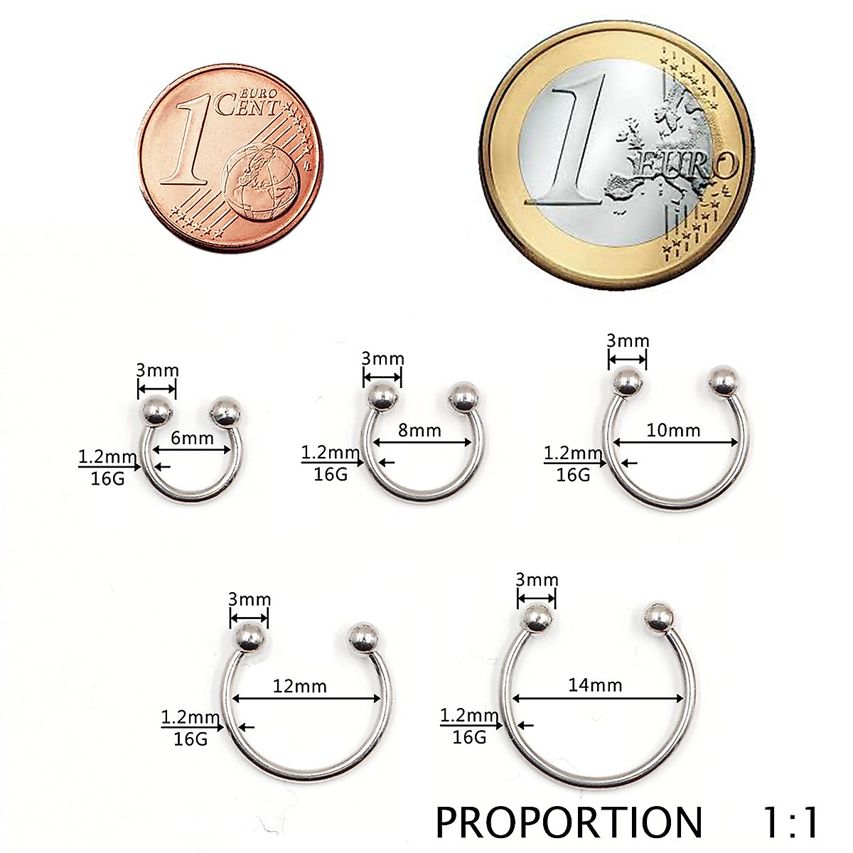 WARRIOR Piercing Horseshoe Surgical Steel 316L Circular/Curved Barbell 8 mm for Septum Earring Nose Body Piercing 16G(1.2mm) with Two 3mm Balls PYS-001