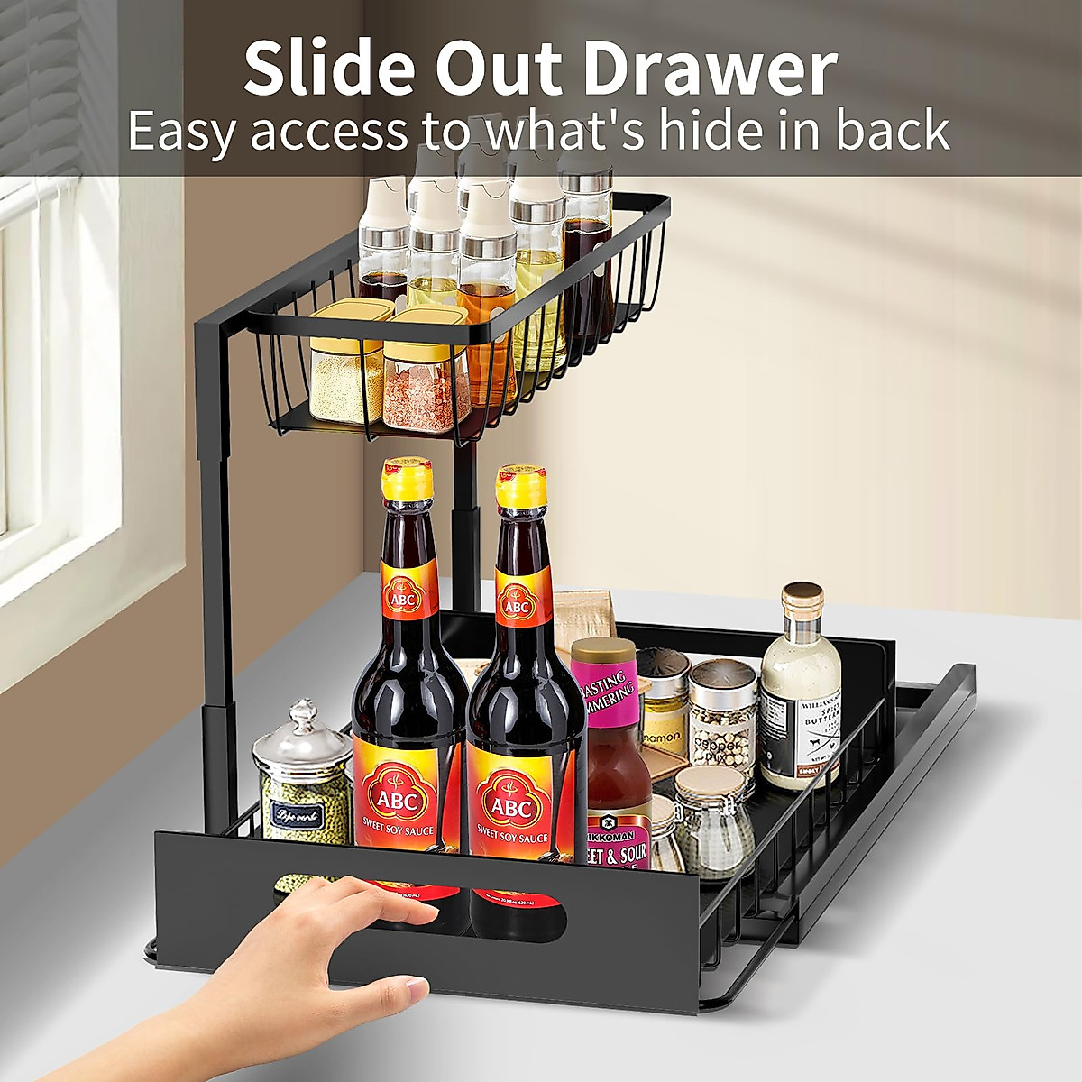 HOMSAILMO Under Sink Organizer and Storage, 2-Tier L-Shaped Kitchen Organization Rack, Heavy-Duty Multi-Purpose Storage Shelf with Sliding Cabinet Drawer for Bathroom, Pantry