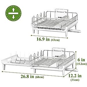 Dish Drying Rack, Expandable Dish Racks for Kitchen Counter with Versatile Pot Pan Rack, Large Stainless Steel Dish Drainers with Utensil Holder, White