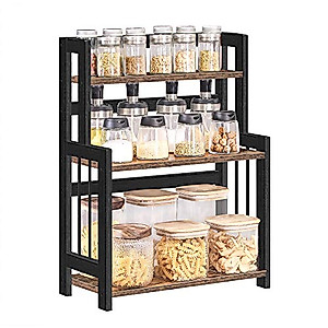 SONGMICS Spice Rack, 3-Tier Counter Shelf, Desktop Organizer with Bamboo Frame, for Countertop, Kitchen, Dining Room, Office, Rustic Brown and Black UOFS047B01