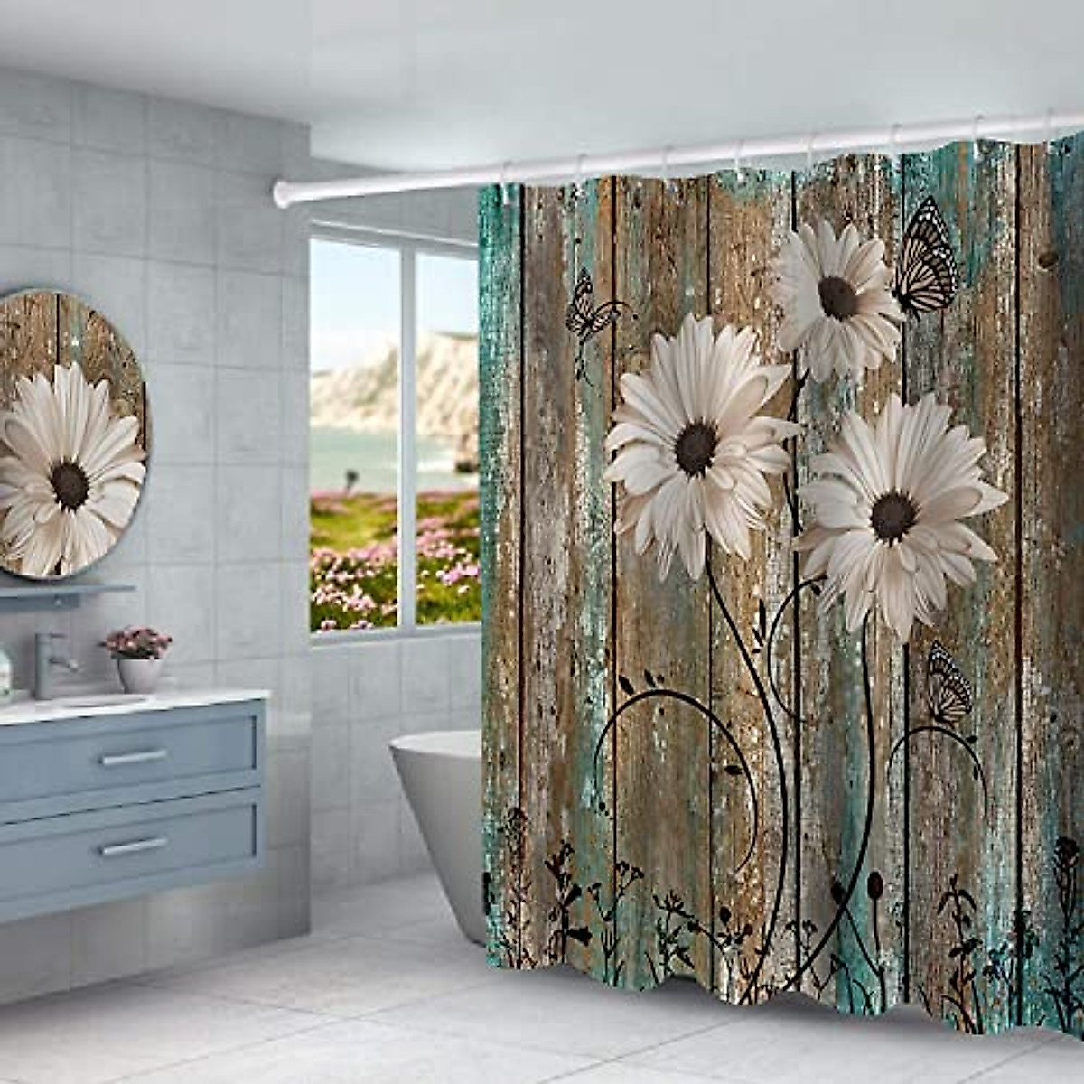 4 PCS Rustic Flower Shower Curtain Set with Non-Slip Rug,Toilet Lid Cover,U Shape Mat,Farmhouse Waterproof Fabric Shower?Curtains with 12 Hooks and Rug Mat Set for Bathroom,71''L